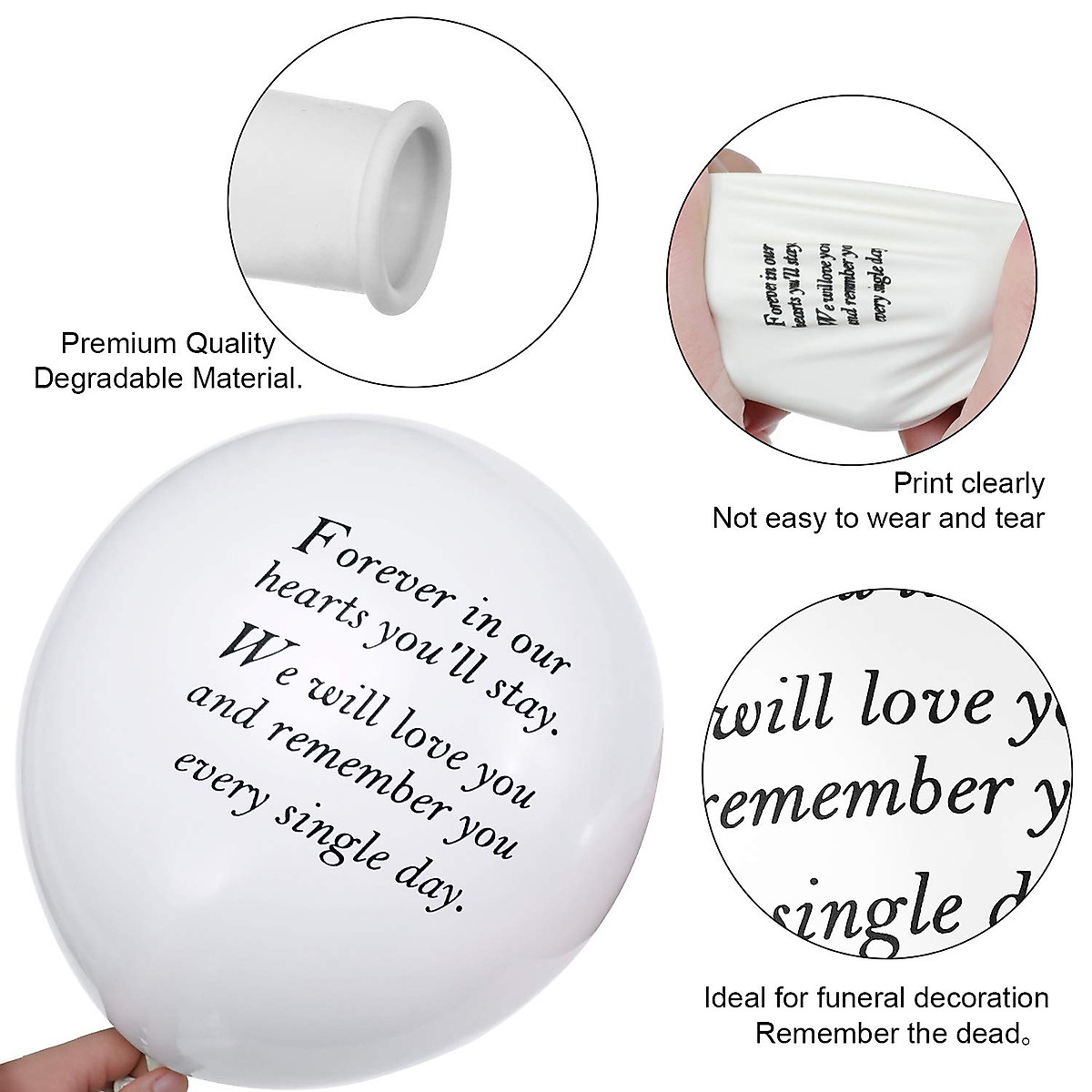 Gejoy 50 Pieces Memorial Balloons Remembrance Balloons White Funeral Balloons and 3 Pieces Balloon Ribbon for Balloon Release, Funeral Decoration