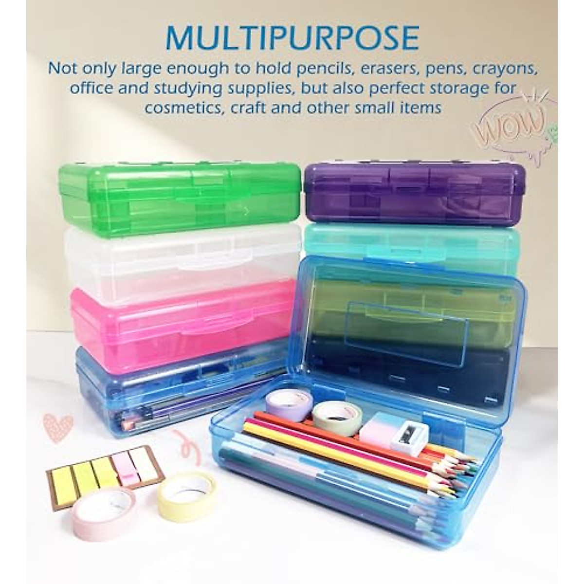 Nuozme Plastic Translucent Pencil Box,Pencil Cases with Snap-Tight Lid for Pens, Pencils, School Supplies,Office Supplies, 1 Pack