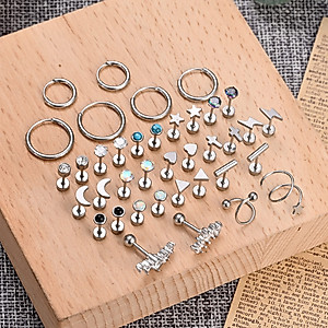 PLOMFOV 20G Stainless Steel Stud Earrings for Women Men CZ Heart Star Moon Flat Back Earrings Cartilage Hoops Helix Tragus Daith Earrings Piercing Jewelry Silver