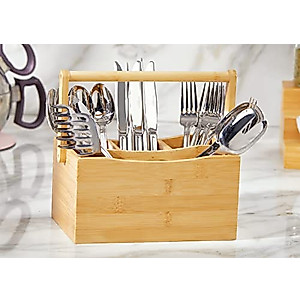 RoyalHouse Natural Bamboo Utensil Holder And Organizer For Kitchen Countertop, Bamboo Picnic Basket With Folding Handle for Camping Trip