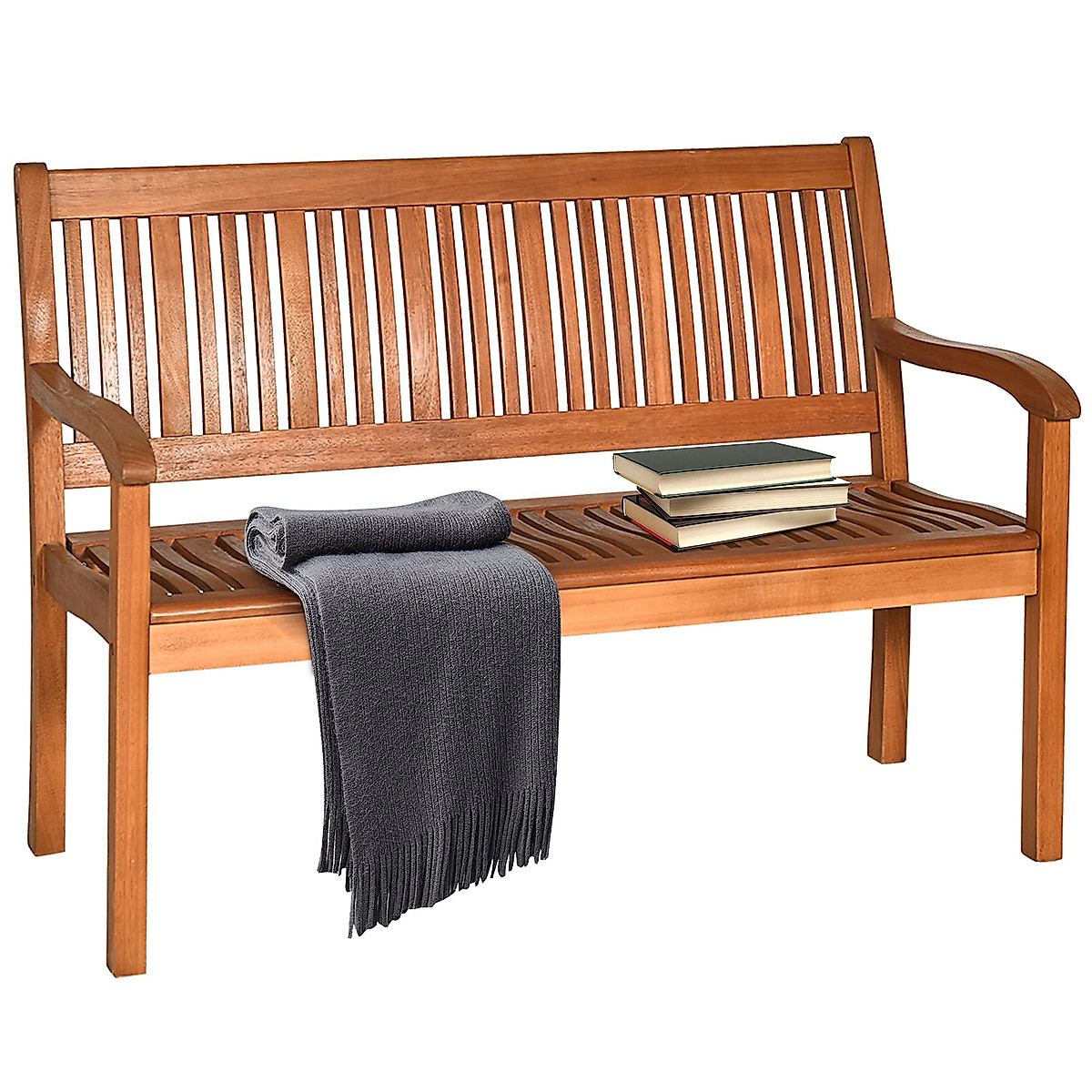 DORTALA 50'' Patio Wooden Bench, Eucalyptus Wood Loveseat with Ergonomic Backrest, Curved Armrests, Sloping Seat, Garden Slatted Bench, Ideal for Patio, Porch, Yard, Lawn, 705 lbs Weight Capacity