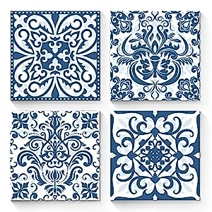 SunFlax Vintage Flower Pattern Canvas Print: Navy Blue and White Bohemian Wall Art Abstract Mandala Picture Beautiful Floral Painting 4 Pieces Modern Artwork for Bedroom Bathroom Ready to Hang