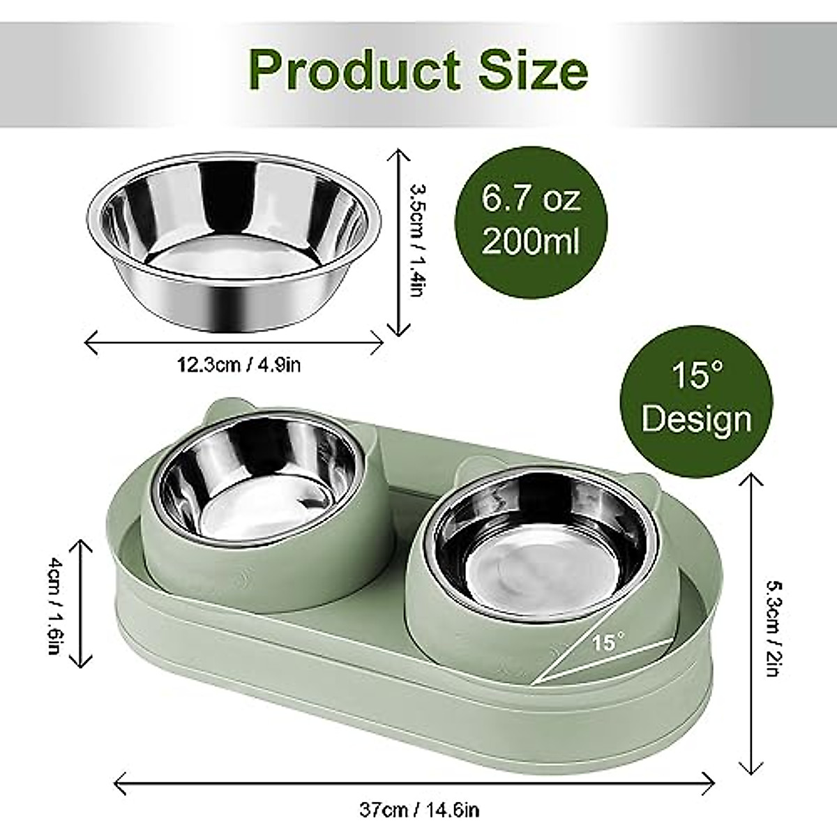 KEVIDEAWL Elevated Cat Food Bowls, Raised Cat Bowl with Stand Stainless Steel, Tilted Cat Bowls Anti Vomiting, Double Cat Food and Water Bowl Set for Cats (Green)