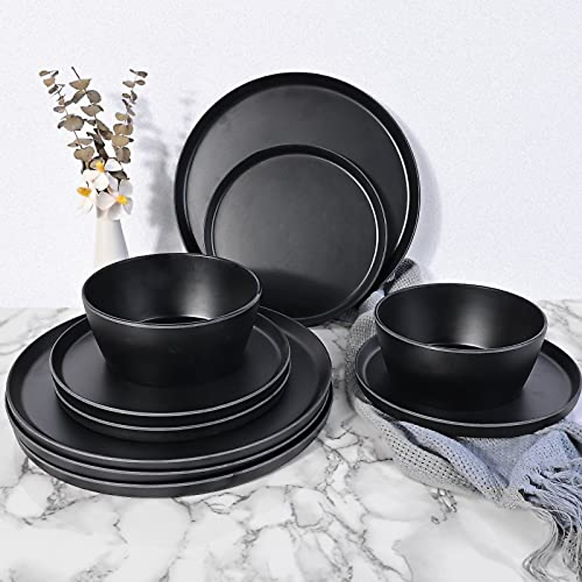 afcevnlb 12-Piece Plastic Dinnerware Set Plates and Bowls Sets Service for 4 Matte Black Melamine Plates Unbreakable Plastic Outdoor Camping Dishes Decor Dishwasher Safe