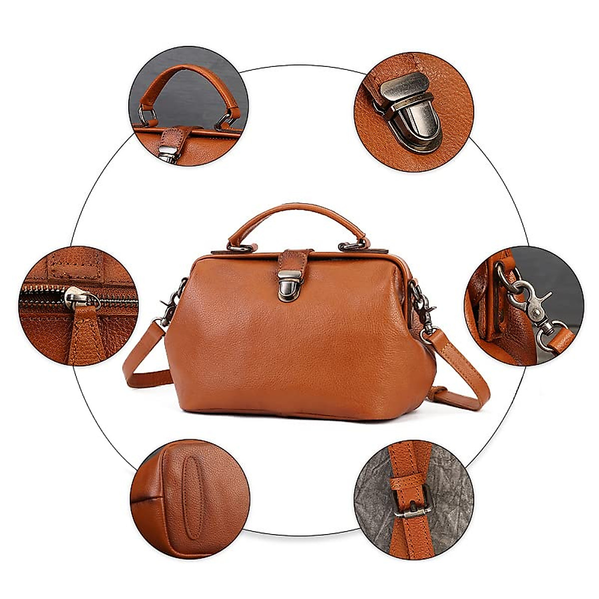 ARCOLAN Women's leather handbag retro Doctor Bag Brown Shoulder bag buckle type women's bag (Brown)