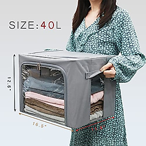 Stackable Clothes Storage Box for Clothing Gadgets,Steel Frame Storage Bins for Bedding Blankets Toys Gift,Foldable Oxford Fabric Closet Organizer Bag Set with Carry Handles and Clear Window (Medium- 40L x3 Pack, Grey)