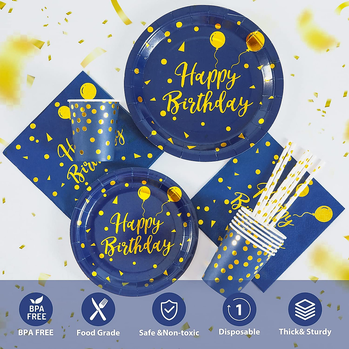 Kederwa Navy Blue and Gold Happy Birthday Plates and Napkin Party Supplies, 20 Guest Birthday Paper Plates and Cup Napkin Straws for Blue and Gold Party Tableware