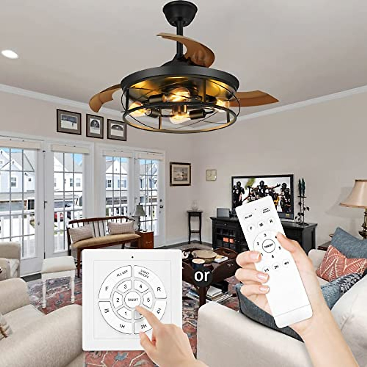 NEWORB 42Inch Retractable Ceiling Fans with Lights Remote Control Caged Industrial Farmhouse Ceiling Fans Rustic Black Ceiling Fan for Living Room Bedroom Patio Kitchen