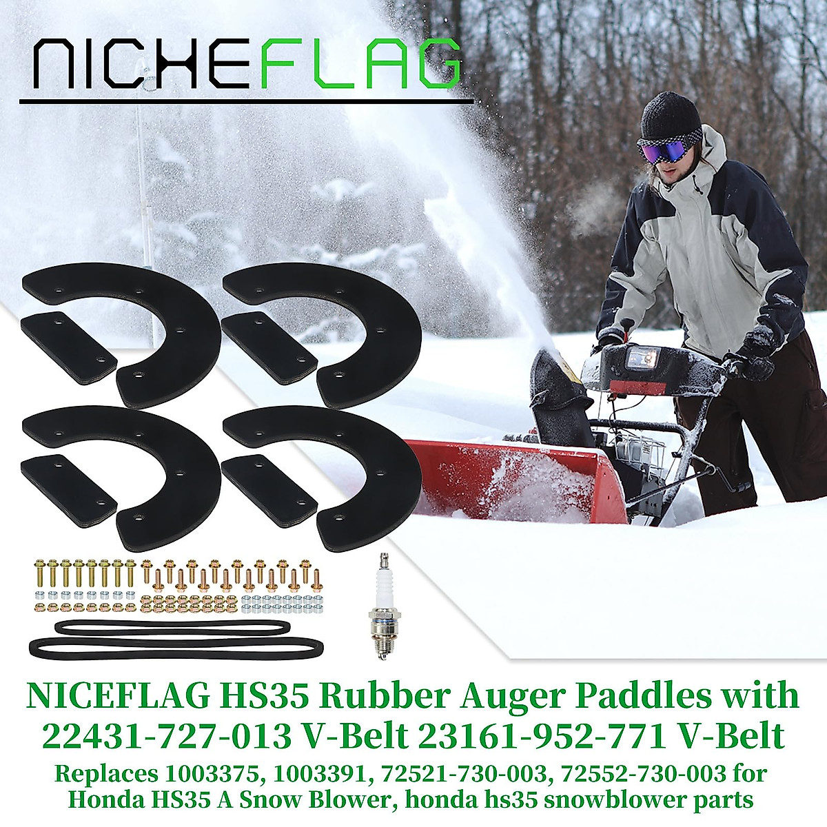 NICHEFLAG HS35 Paddles with 22431-727-013 Belt 23161-952-771 Belt Replace Honda HS35 Paddles, Honda HS35 Snowblower Paddles, 1003375, 1003391, 72521-730-003 72552-730-003 for Honda HS35A Snow Throwers
