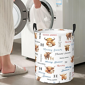 Highland Cow Baby Hamper for Nursery Girl Personalized Baby Hamper Boy with Name Round Bin with Handles Kids Collapsible Storage Organizer Basket Custom Nursery Hampers Home Decor