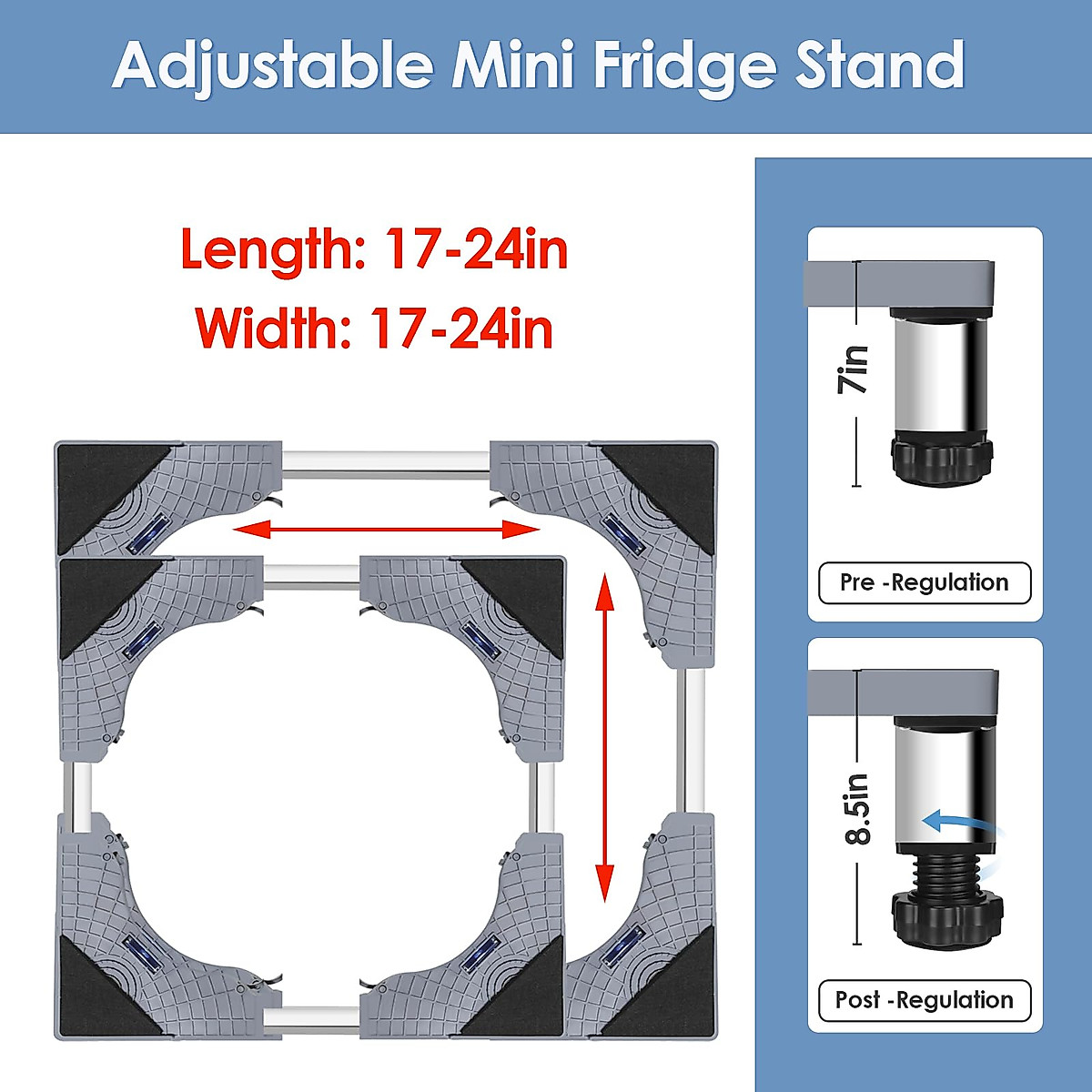 Mini Fridge Stand with Silicone Mat, Universal Stand Base Adjustable Refrigerator Stand with 4 Sturdy Feet, 24''x 24'' Mini Fridge Drip Pan Protect From Appliance Leaks for Fridge, Washer, Dryer