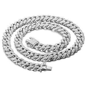 Halukakah Diamond Cuban Link Chain for Women 13.5MM Platinum White Gold Finish Choker Necklace 16",Full Cz Diamond Cut Prong Set,with Giftbox
