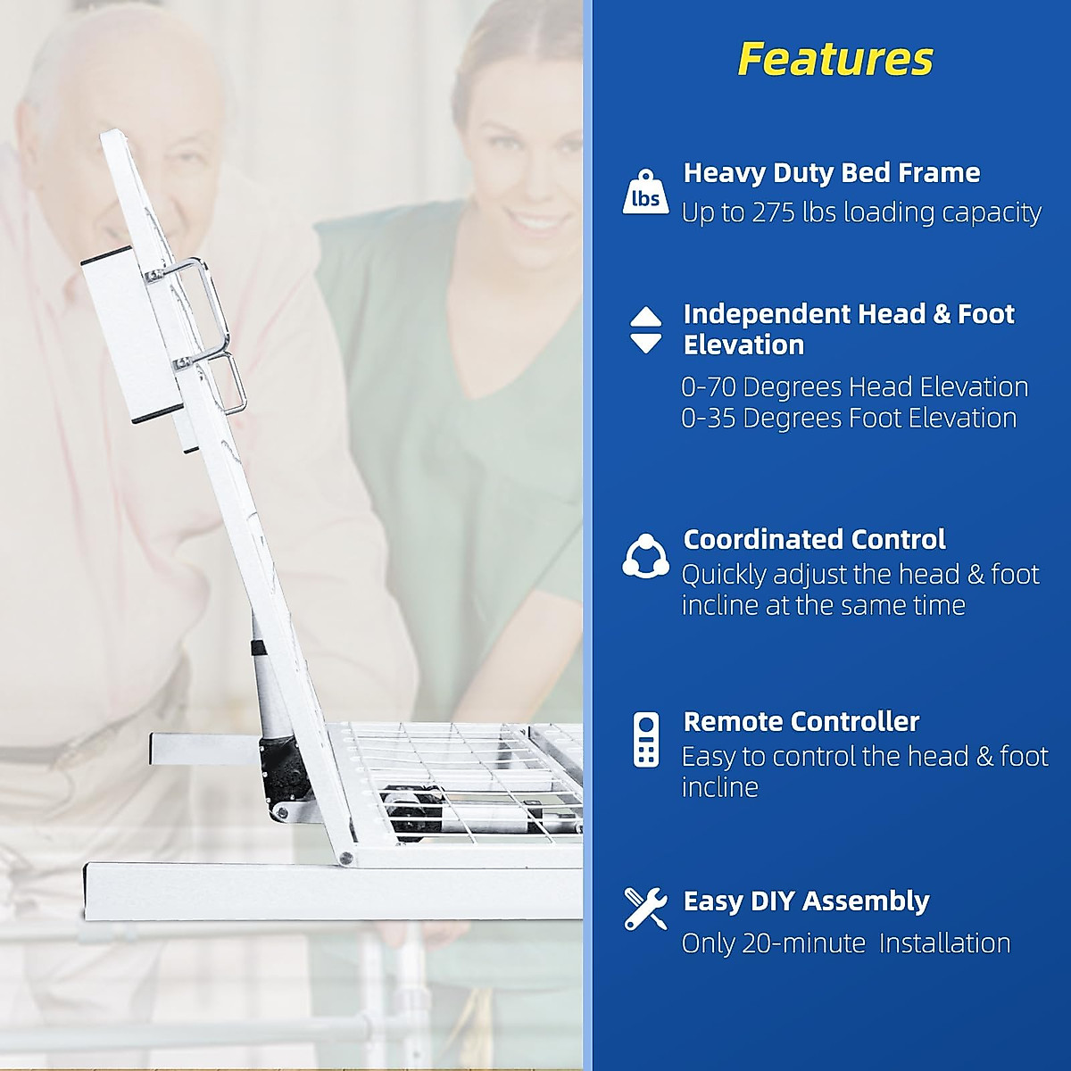 Twin Adjustable Bed Frame with Head and Foot Incline, No Legs, Electric Bed Frame with Wired Controller- Place it on Your existing Bed - Adjustable Bed for Seniors, Elderly & Handicap, Homecare Bed