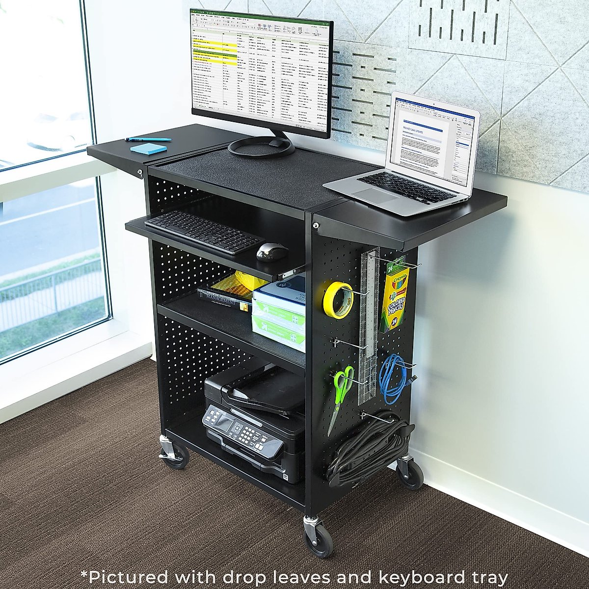 Line Leader Stellar AV Cart | Reimagine Your Teacher Cart with Revolutionary Pegboard Siding & 12 Movable Peg Hooks for Customizable Storage | UL Safety Certified Mobile Workstation with Keyboard Tray