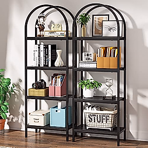 LITTLE TREE 4-Tier Arched Bookshelf, Tall Open Bookcase Storage Shelves, Wood Metal Freestanding Display Rack Tall Shelving Unit for Home Office, Bedroom, Living Room, Industrial Black
