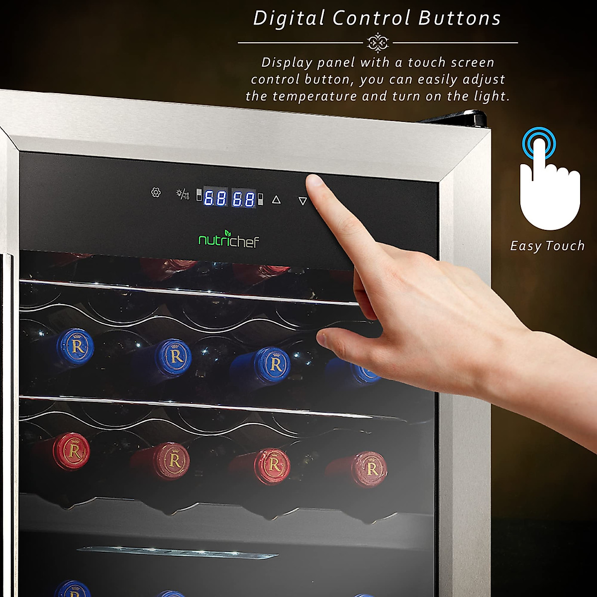 NutriChef PKCWCDS288 Compressor Cooler Refrigerator Cooling System | Large Freestanding Wine Cellar Fridge For Red White Champagne or Sparkling, Glass Door, 28 Bottle Dual Zone-Stainless Steel