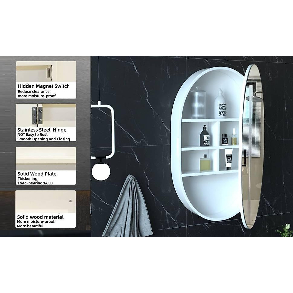 CHER-BUEATY Medicine Cabinet Bathroom Space Saver Storage Oval Cabinets with Mirror Surface Wall Mounted Solid Wood Circular Frame 4 Level 19.7 X 30.7 inch (Style B, White)