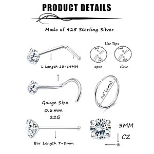 Sllaiss 22G 925 Sterling Silver Nose Rings Studs L Shaped CZ Nose Rings Hoop for Women Men Corkscrew Nose Rings Helix Piercing Jewelry Set Cartilage Earrings Hoop Tragus 8Pcs (3)