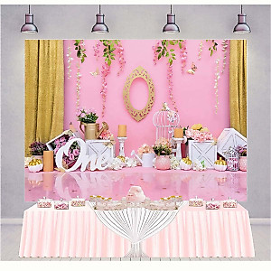 Girl 1st Birthday Photography Background Pink Floral Garden Girl Princess 1st Birthday Party Decorations Backdrop Pink Gold Girl First Birthday Party Backdrops One Year Old Cake Smash Banner (7X5FT)