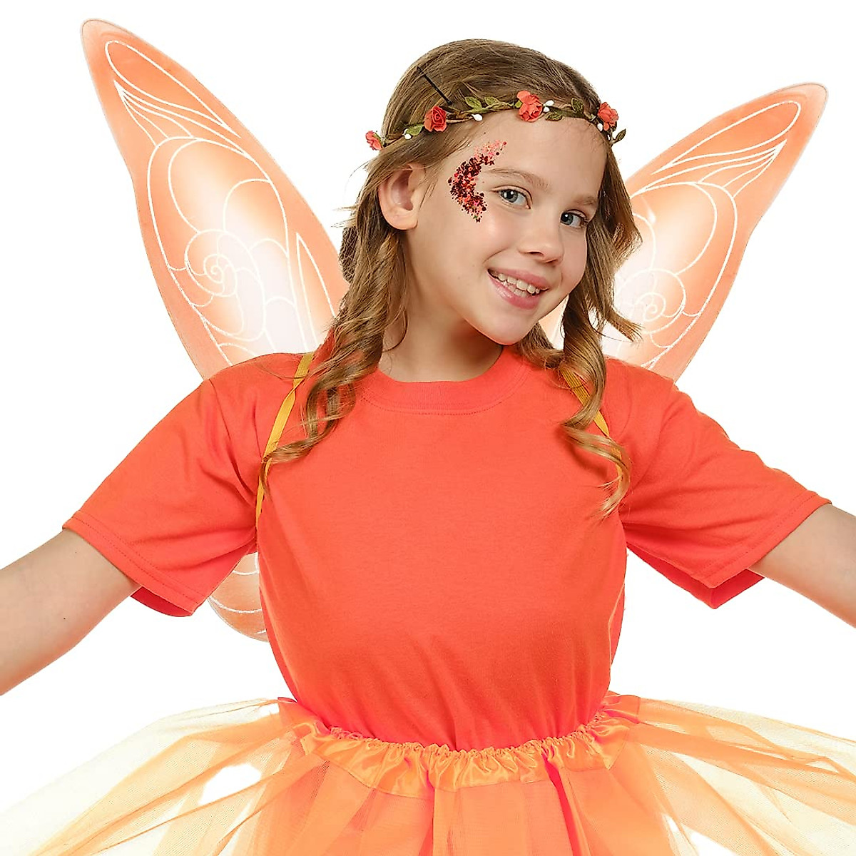 Funcredible Fairy Costume Accessories - Orange Fairy Wings and Flower Crown, Glitter - Tooth Fairy Cosplay Outfit for Women and Girls