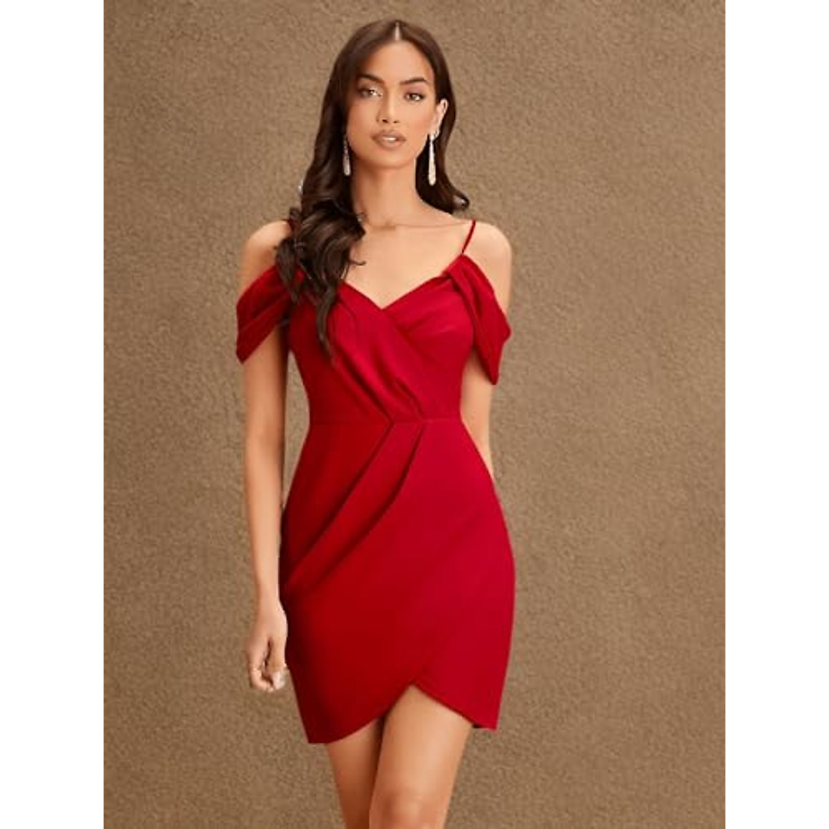 SweatyRocks Women's Elegant Short Sleeve Cold Shoulder Dress Wrap Bodycon Mini Dresses Red S