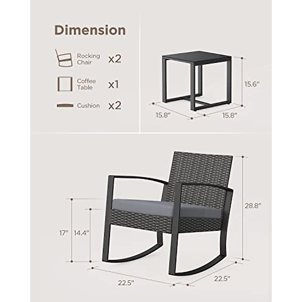 Aiho 3 Pieces Patio Furniture Set, Outdoor Wicker Bistro Rocking Chair Sets with Cushion, Porch Furniture Set with Glass Table, Modern Rattan Conversation Sets for Porches and Balcony (Grey Cushion)