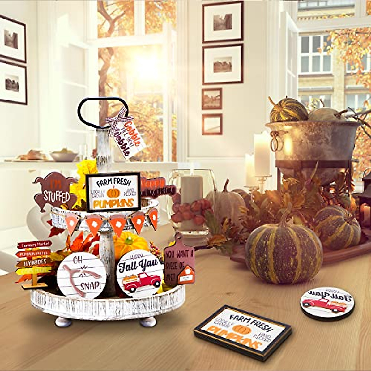Fairysandy Fall Tiered Tray Decor Set Autumn Pumpkin Farmhouse Wood Table Sign Rustic Party Tiered Tray Decorations for Home Thanksgiving Kitchen Bathroom Table Shelf Centerpiece