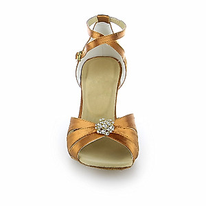JIAJIA 20510 Women's Satin Sandals Flared Heel Latin Salsa Performance Dance Shoes Color Tan,Size 7.5 B(M) US/38 EU