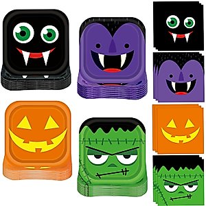 Halloween Plates and Napkins Set Halloween Party Supplies 4 Design Pumpkin Vampire Bat Disposable Plates Tableware Decor for Spooky Themed Party Birthday Holiday Dinner Decorations, Serves 52 Guests