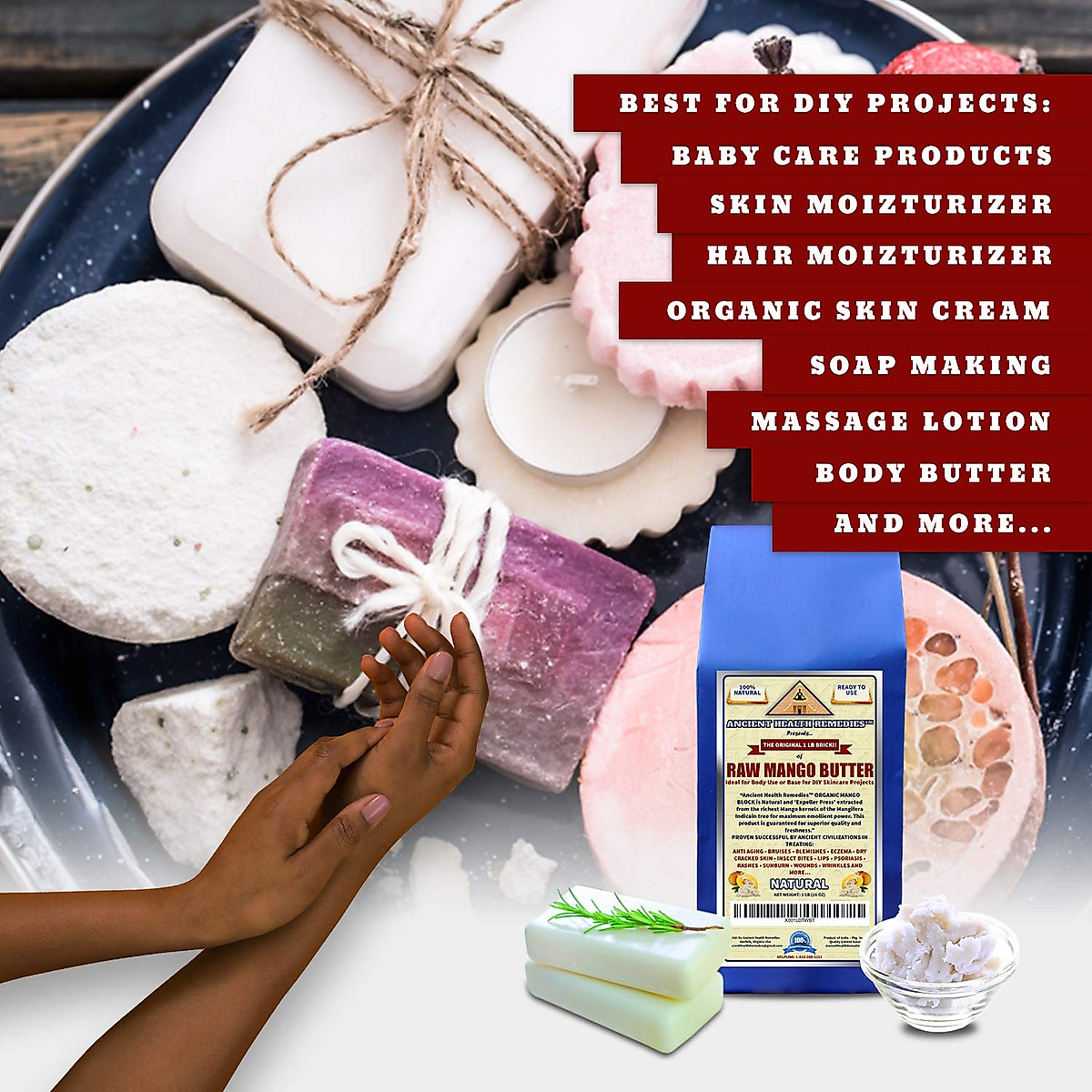 Ancient Health Remedies Organic Unrefined Raw MANGO BUTTER 1 LB (16 oz) BLOCK Bulk, Light Mango Aroma, Non-Greasy Base for Beauty, Skin Moisturizing, DIY Base for Body Butters & Hand Cream (INDIA)