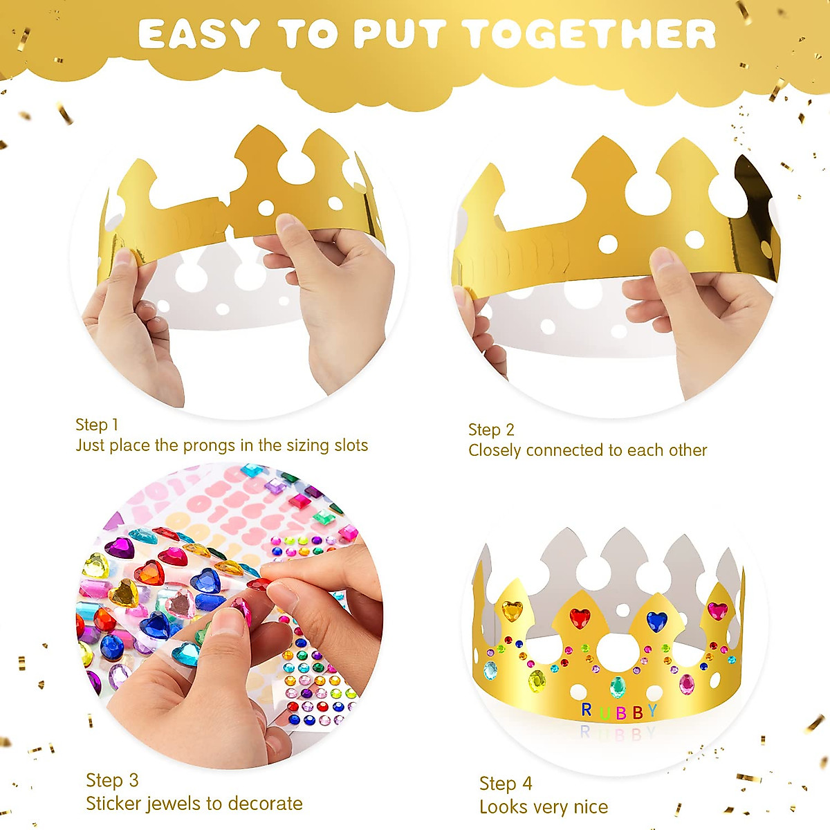MGZTTHW Gold Paper Crown Set for Kids, DIY Crown Kit with Jewels Gem Number Letter Stickers for Birthday Party Decor and Craft Projects, 15 Pcs Adjustable Crown Hats in 5 Styles
