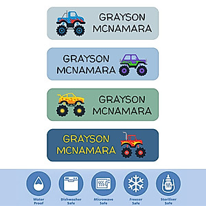 128 Monster Truck Custom Kid Name Label for Daycare, Waterproof Dishwasher Safe, Personalized Name Sticker for Camp, School Supply, Baby Bottle, Lunch Boxes, Water Bottle, Cups (Pattern2)