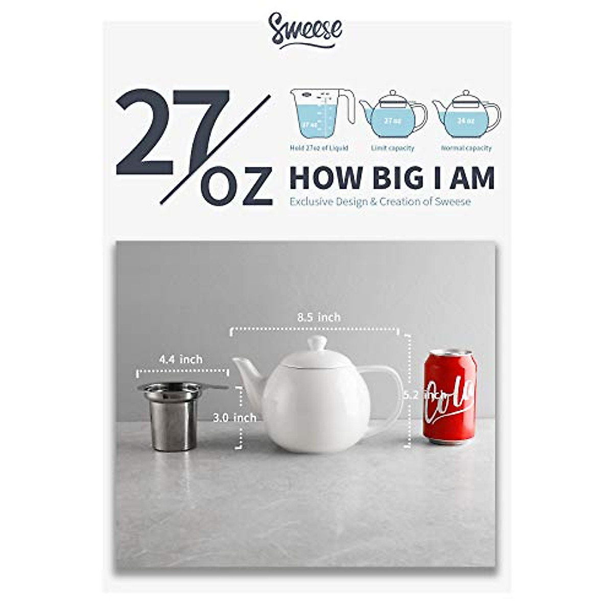 Sweese Teapots for Tea, 27 oz Porcelain Tea pot with Removable Stainless Steel Infuser, Tea Pots for Loose Tea - White, 221.101