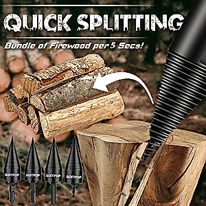 Firewood Drill Bit Wood Log Splitter,5 PCS Kindling Splitting Drills Wedge Tool Removable Logs Splitters Cone Wedges Electric Driver Bits Heavy Duty Hex+Square+Round+Small Hex Shank