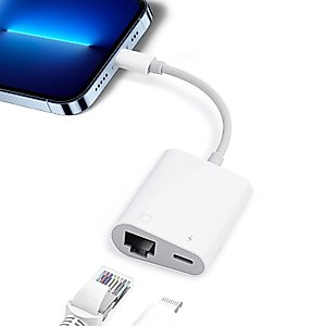 Giochem Lightning to Ethernet Adapter,2 in 1 RJ45 Ethernet LAN Network Adapter with Charging Port for Phone,Pad 10/100Mbps High Speed,Plug and Play