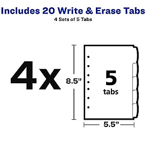 Avery Write & Erase Durable Plastic Mini Dividers for 3 Ring Binders and 7-Ring Binders, 5.5" x 8.5", 5-Tab Sets, Multicolor, 4 Binder Divider Sets (21982)