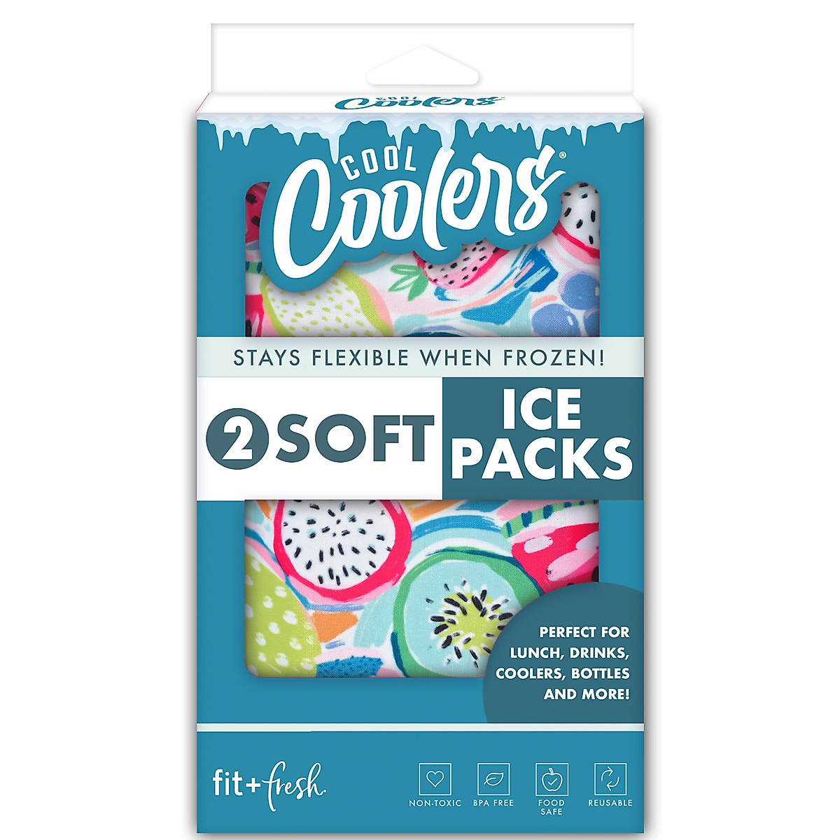 Cool Coolers by Fit & Fresh 2 Pack Soft Ice, Flexible Stretch Nylon Reusable Ice Packs for Lunch Boxes & Coolers, Fruit & Dot