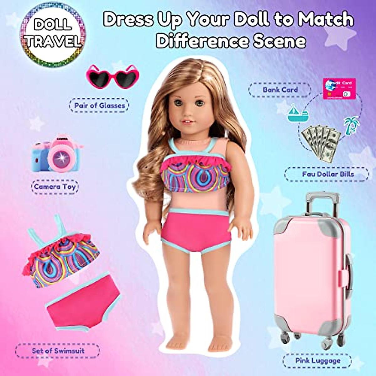 GIFTINBOX 29PCS 18 Inch Girl Doll Clothes and Accessories-Travel Play Set for Dolls, Doll Stuff with Clothes, Luggage, Swimsuit, Wallet cashes... Gifts for Girls Birthday, Christmas