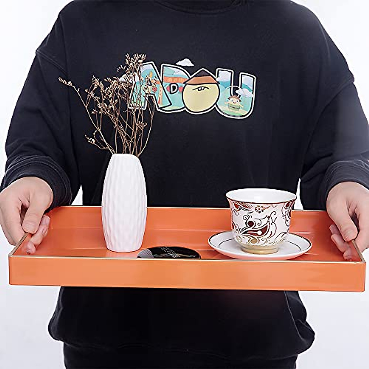 MAONAME Orange Serving Tray with Handles, Modern Decorative Tray for Coffee Table, Plastic Rectangular Tray for Ottoman, Bathroom, Halloween Decor, 15.75” x 10.2” x1.57