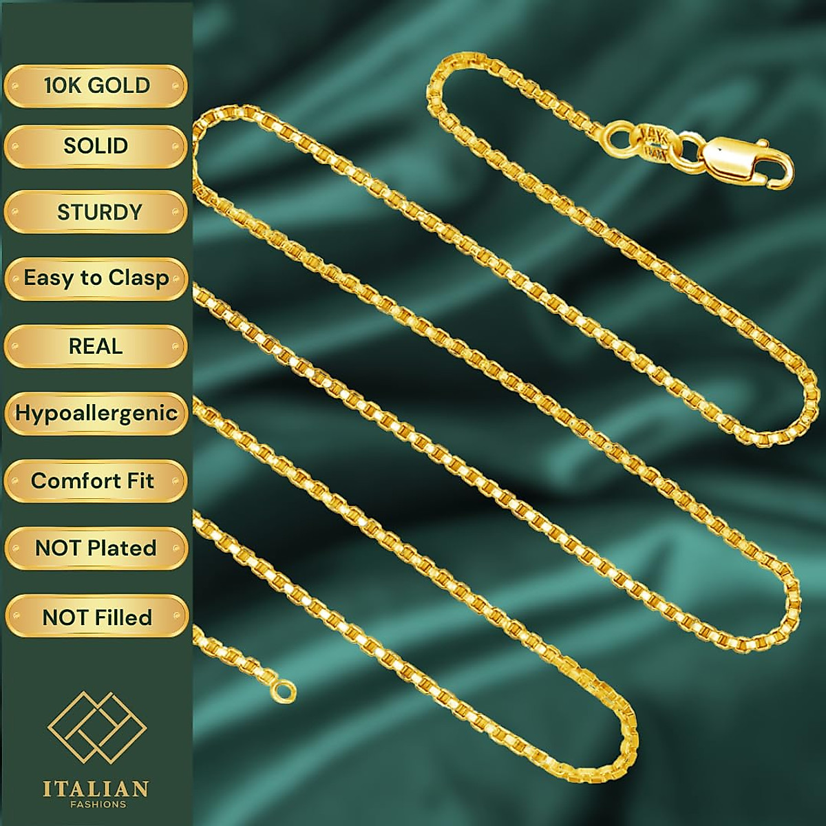 ITALIAN FASHIONS REAL Solid 10K Yellow or White Gold 0.50mm - 1.3mm Diamond-Cut Square Mirror Box Veneziana Chain Necklace with Lobster Claw Clasp | Multiple Lengths Available | Men Women | MADE IN ITALY (10K Solid Yellow Gold 0.7mm, 24.0 Inches)