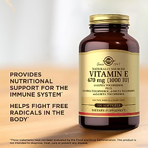 SOLGAR Vitamin E 670 mg (1000 IU) - 100 Softgels, Pack of 2 - Naturally Sourced - Gluten Free, Dairy Free - 200 Total Servings
