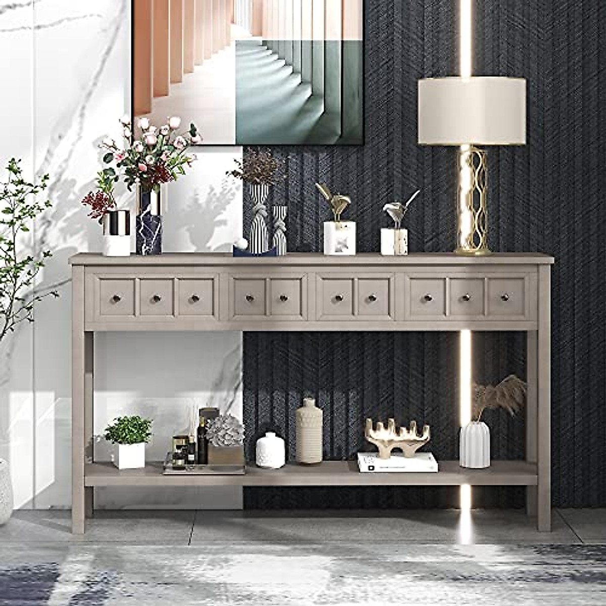 P PURLOVE Rustic Entryway Console Table, Sofa Tables Narrow Long 60 Inch with Two Different Size Drawers and 1 Shelf, Wood 2 Tiers Console Sofa Table, for Living Room Hallway Bedroom, Gray Wash