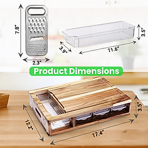 Acacia Wood Cutting Board with Containers & Lids, 3in1 Grater and bonus Bamboo Phone and Tablet Holder by SWILLT-Large Acacia Wood Chopping Board with 4 Storage Trays, Food Prep Cleanup, Juice Groove