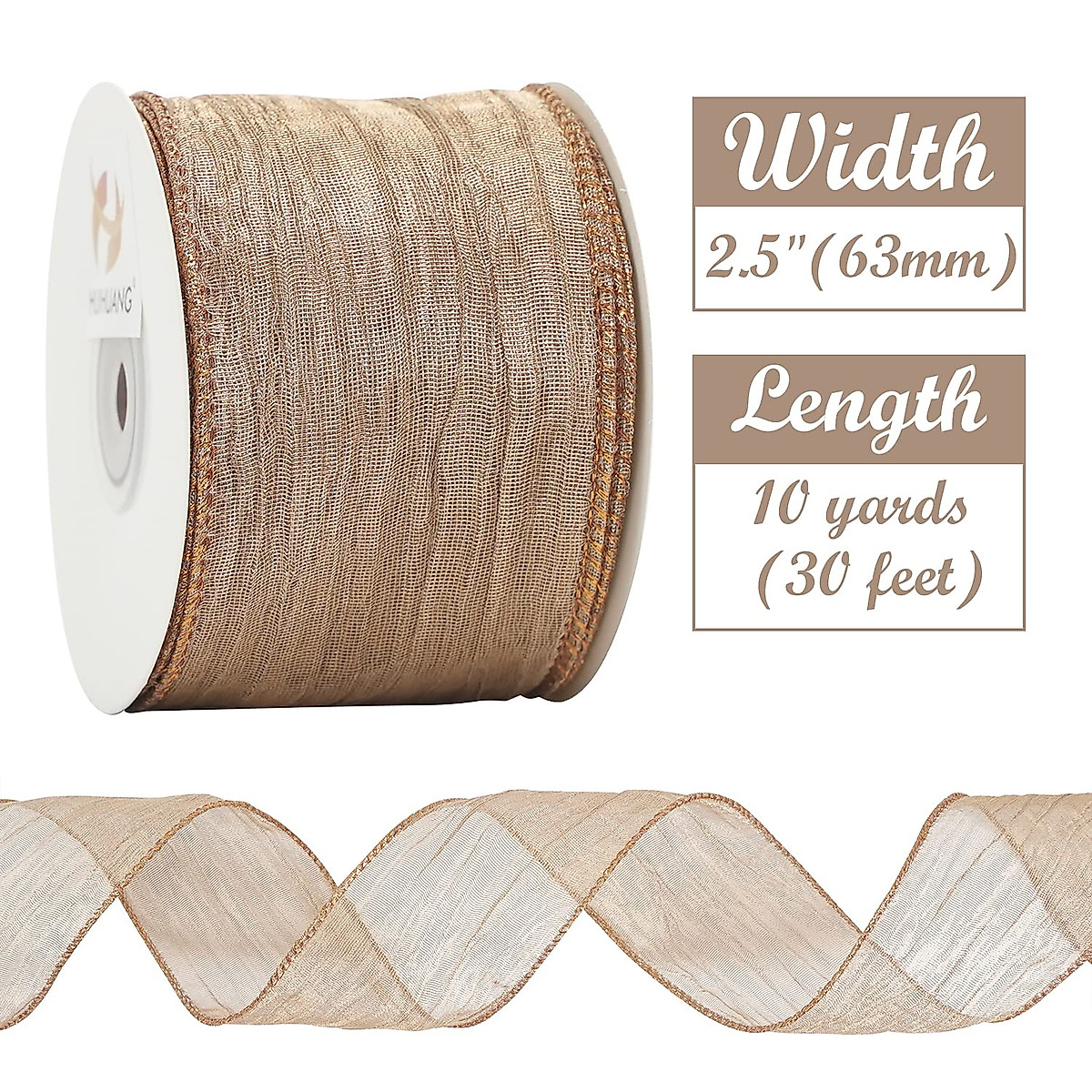 HUIHUANG Rose Gold Wired Ribbon Wavy Metallic Wired Ribbon 2-1/2 inch Wide Crinkle Wire Ribbon for Gift Wrapping Basket Wreaths Bows Making Home Decor DIY Crafts Christmas Tree Top Bows -10 Yards