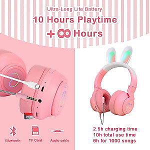 JINSERTA Kids Headphones with Bunny Ear LED Light Up,Noise Cancelling Adjustable Microphone Headset,Wireless Foldable Over-Ear Headphones for Kids Gifts/School/Kids Tablet/Travel (Blue)