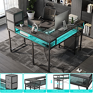 armocity L Shaped Desk with Drawers, Reversible Corner Computer Desk with LED Light & Power Outlet, 50'' L-Shaped Gaming Desk with Long Monitor Shelf, Home Office Desk for Small Corner Space, Grey