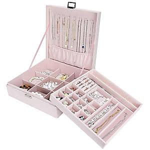 ProCase Velvet Jewelry Box Organizer for Women, 2 Layer Jewelry Display Storage Holder Case for Necklace Earrings Bracelets Rings -Pink