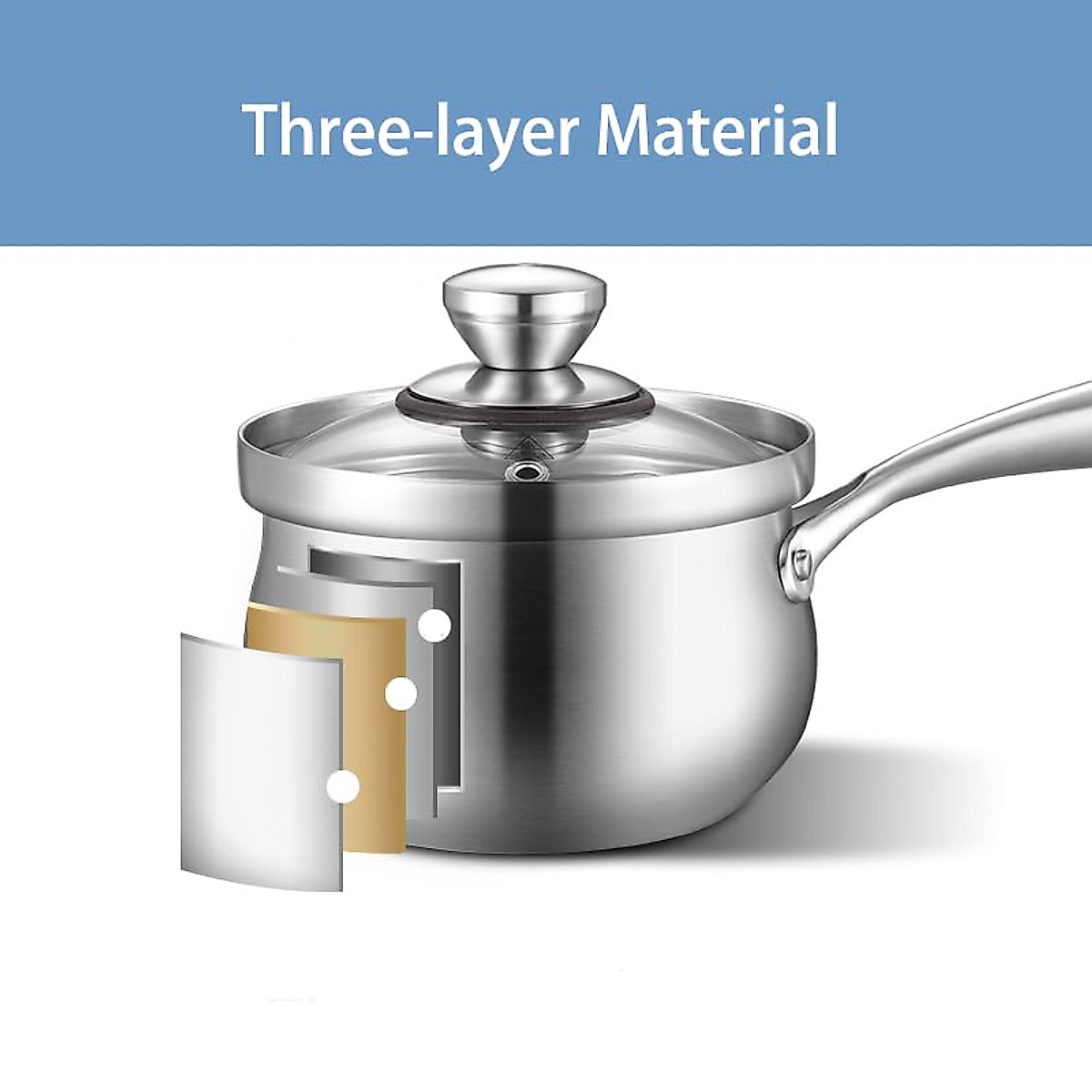 Tri-Ply Whole-Clad Stainless Steel Saucepan with Steamer,1.5 Qt Small Multipurpose Pot, Milk Pot,1.5 Quart Sauce Pan with Steamer for Cooking with Stay-cool Handle.