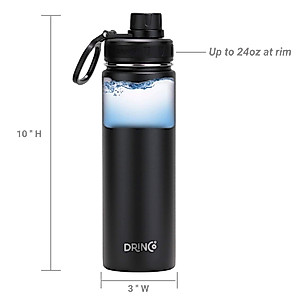 Drinco Stainless Steel Water Bottle Spout Lid Vacuum Insulated Double Wall Water Bottle Wide Mouth (40oz 32oz 22oz 18oz 14oz) Leak Proof Keep Cold Sport Camping Hiking (22 oz, 22oz Black)