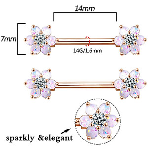 CHARM ONLINE 14G Opal Flower CZ Nipple Barbell Nipple Ring Piercing Jewelry for Women